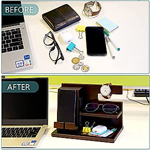 ZORMY Wood Phone Docking Station, Nightstand and Watch Organizer Ash Key Holder Wallet, Wooden Bedside Stand for Cellphone, Ring, Wallet, Pen, Coin for Men Husband Anniversary Dad Birthday