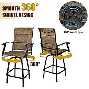 Bigroof Outdoor Swivel Bar Stools Set of 4, Bar Height Patio Chairs with Backs and Arms, All-Weather Textilene Padded Patio Furniture for Outdoor Porch, Deck, Yard, Lawn & Garden (4)