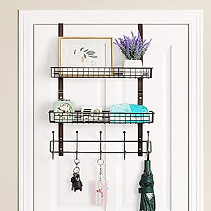 OYEAL Over The Door Hook Rack with 5 Hooks 2 Baskets Steel, Sturdy Durable Coat Rack Towel Hooks Hanging Organizer Shelves for Home Bedroom Bathroom Kitchen, Brown
