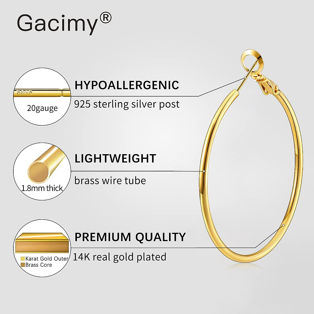 Gacimy Large Gold Hoop Earrings 14K Real Gold Plated, 925 Sterling Silver Post Gold hoops , 50mm Yellow Gold Big Earrings for Women