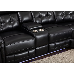 Kingway Faux Leather Recliner Couch Console Table Storage Sectional Sofa with Cup Holders LED Light for Home Theater Office Big House