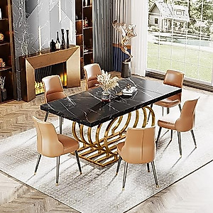 Tribesigns Modern Dining Table, 63 inch Faux Marble Wood Kitchen Table for 6 People, Rectangular Dinner Room Table with Geometric Frame for Kitchen, Dining Room, Black Gold