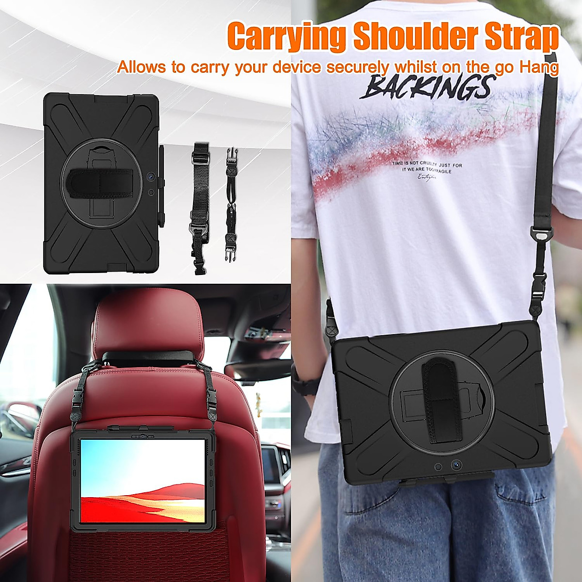 Surface Pro X Case - 360 Degree Rotating Stand Hand Strap Shoulder Strap Pen Holder Heavy Duty Full Body Shockproof Impact Resistant Rugged Drop Protective Case for Surface Pro X 13 2021/2020/2019