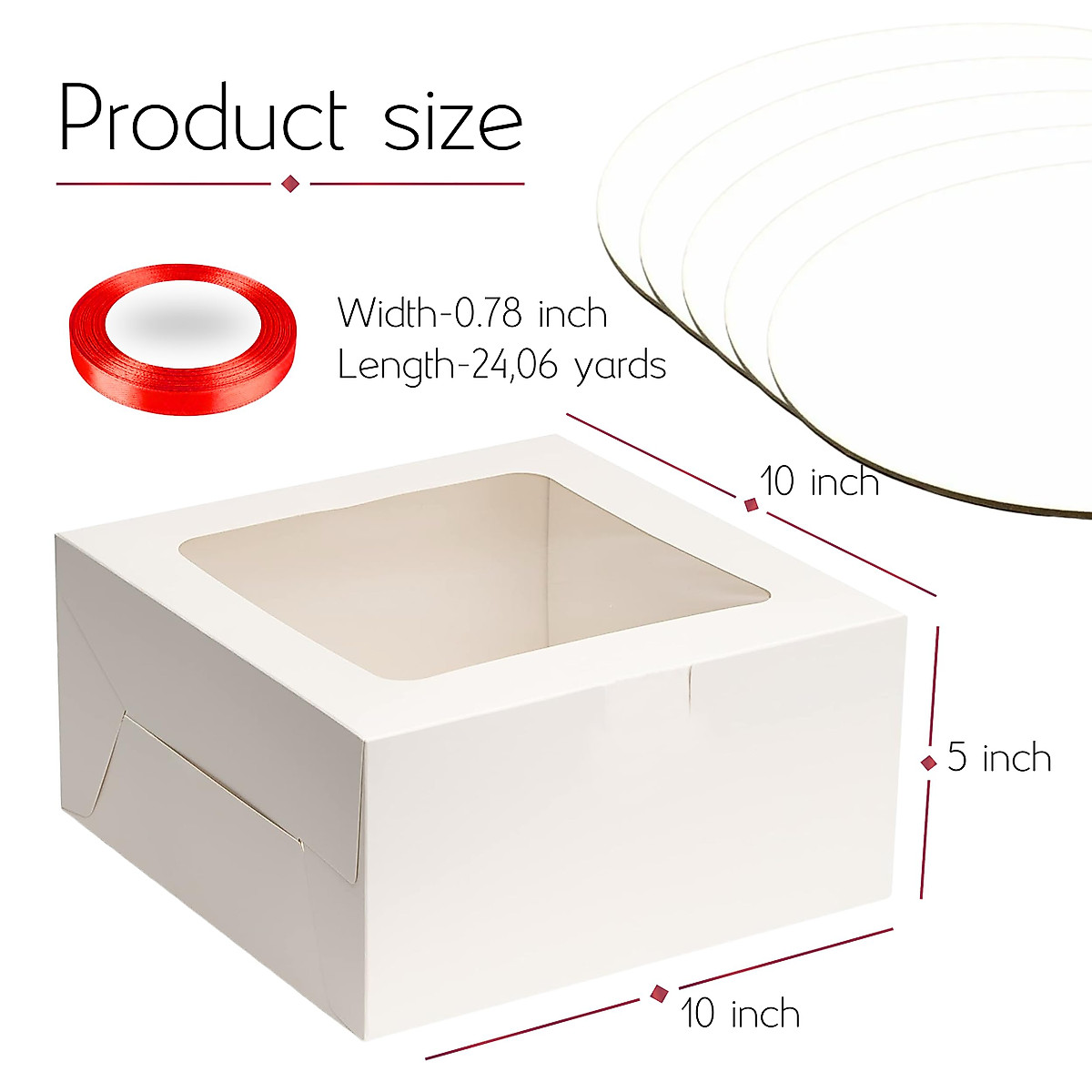 BELMAKS 10 Inch Cake Box Set – Disposable Cake Containers with Lids and Red Ribbons Bakery Boxes with Window Tall Cake Boxes 10 Inch and 10 Inch Cake Drum Paper Box for Cake with Ribbon and Cake Board