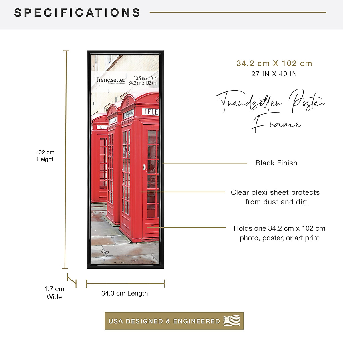 MCS Trendsetter 13.5x40 Poster Frame Black High-Gloss, Vertical & Horizontal Wall Hanging Large Picture Frame for Photos, Posters & Art Prints (1-Pack)