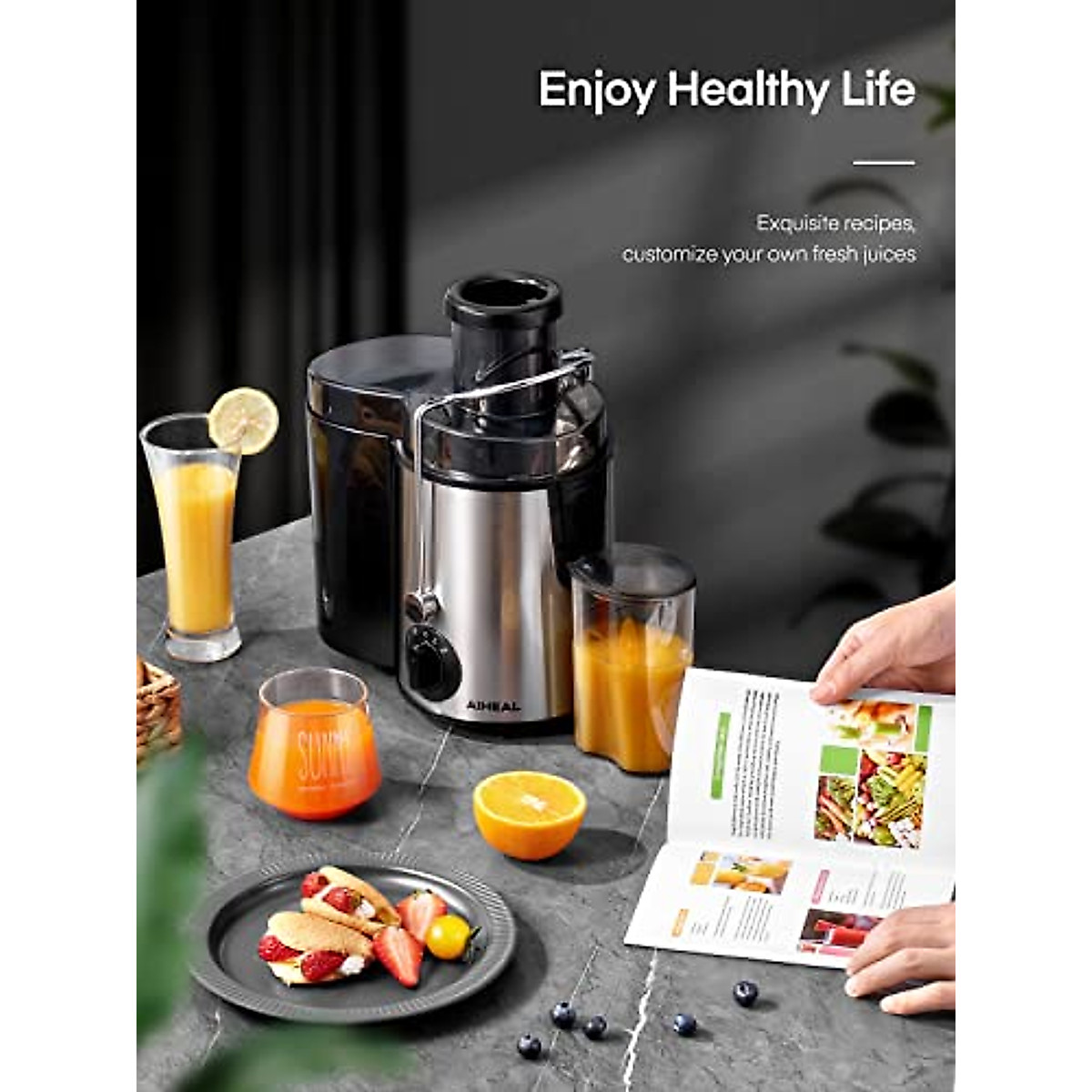 Juicer Machines, AIHEAL Juicer Vegetable and Fruit Easy to Clean, Centrifugal Juicer with 3 Speed Control, Upgraded 400W Motor, Cleaning Brush and Recipe Included