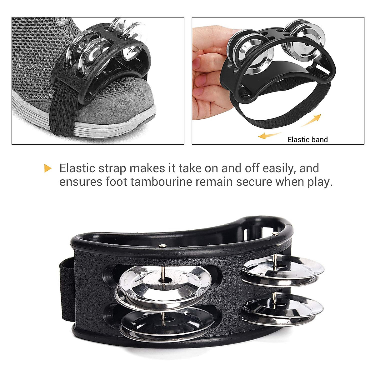 Facmogu 2PCS Foot Tambourine Percussion, Musical Instrument Percussion Pedal with Steel Jingle Bells for Drum & Guitar Playing, Foot Percussion Shakers with Elastic Strap for Adults - Black