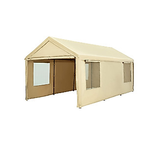 Carport, 10 x 20 ft Heavy Duty Carport with Ventilated Windows, Portable Garage with Removable Sidewalls & Doors, All-Season Car Canopy for Auto, Truck, Boat, SUV, Beige CP01