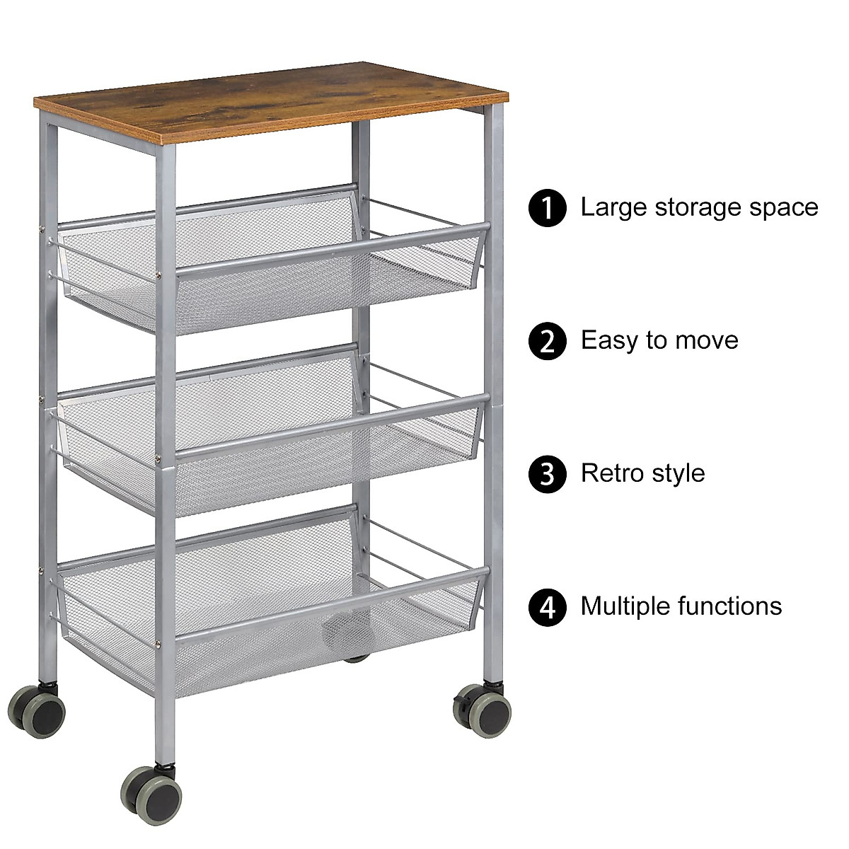 NORCEESAN Kitchen Cart 4 Tier Island Rolling Cart with Wood Shelf Serving Cart on Wheels for Bathroom Mesh Rolling Carts Industrial Storage Cart for Bedroom Living Room, Modern Silver