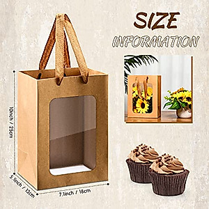 Yexiya 15 Pcs Paper Gift Bags with Clear Window, 7 x 5 x 10 Inch Kraft Paper Bags with Handles Transparent Flower Bouquet Bags for Present Bridal Shower Festivals Party (Kraft Color)