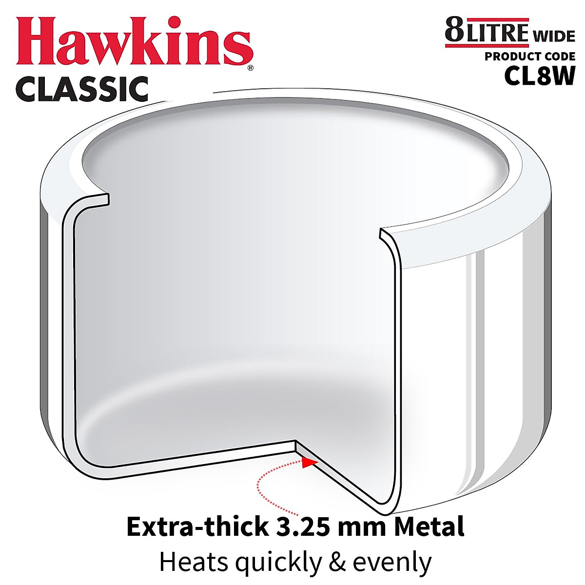 Hawkins Classic CL8W 8 L Aluminum Pressure Cooker, Medium, Silver, 8-Liter Wide Body
