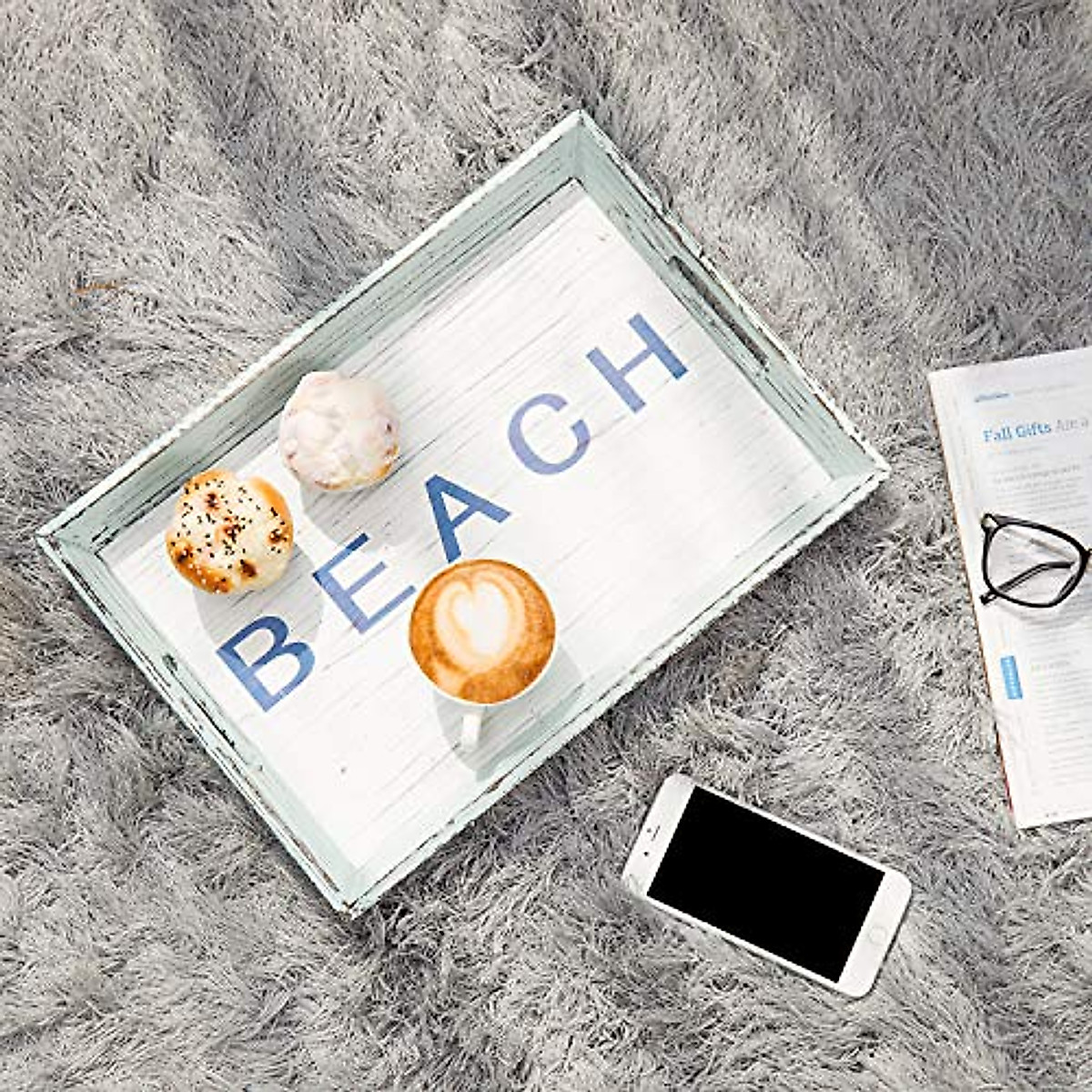MyGift 16-inch Beach Theme Wooden Large Serving Tray with Handles, Decorative Whitewashed Blue Ottoman Tray for Living Room