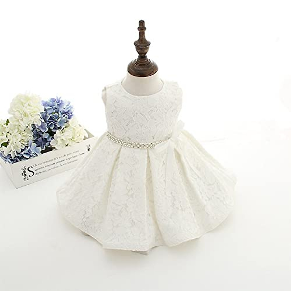 Meiqiduo Baby Girls 3Pcs Set Christening Baptism Wedding Formal Dress (3M/0-6months, Ivory White)