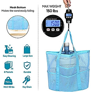 ZB.soar Mesh Beach Bags,9 Pockets Beach Bag, Large Beach Tote Swim Bags Pool Bag with Pockets (Sky Blue)