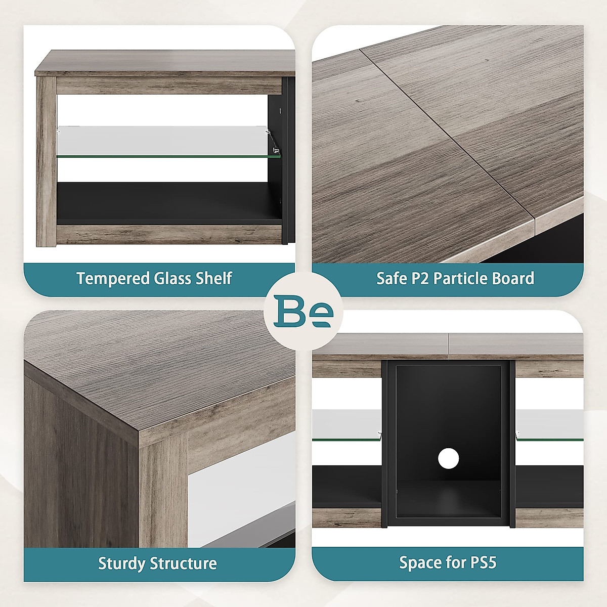 Bestier TV Stand for 70 inch TV, Gaming Entertainment Center for PS5, LED TV Cabinet with Glass Shelves for Living Room, 63'' Inch, Grey Wash