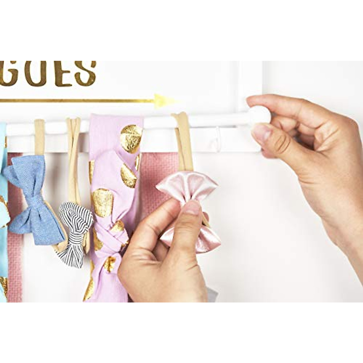 SoCal Buttercup White Hair Bow Holder Organizer for Girls, Pink Burlap Ribbons, Headband, Hair Tie, Bow Organizers, Hair Accessories Storage Display, Toddler Baby Shower