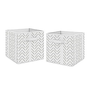 Sweet Jojo Designs Grey Chevron Arrow Foldable Fabric Storage Cube Bins Boxes Organizer Toys Kids Baby Childrens - Set of 2 - Gray and White Geometric Construction Truck Tire Print