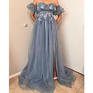 CWOAPO 3D Appliques Teen Girl Prom Dresses Plus Size Birthday Dress for Women Dexy Glitter Tulle Ball Gown with Slit Blue Dress for Wedding Guest US24W