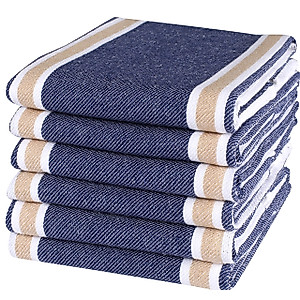 Bedding Craft- Set of 6 Blue/Beige Waffle Stripe Kitchen Towel – Absorbent Cotton Dishcloths for Drying Dishes, Farmhouse Kitchen Decor, Bar Towels, and More