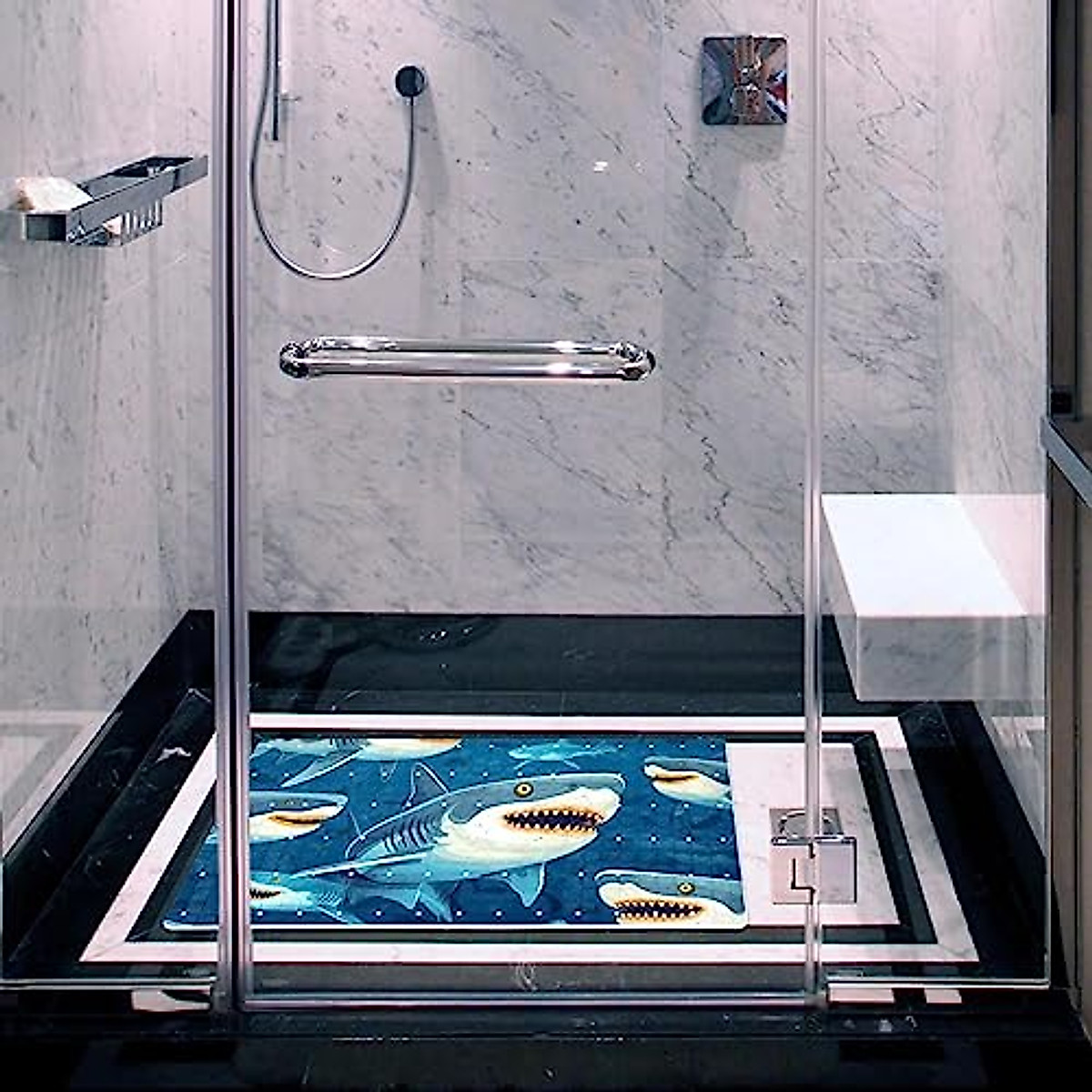 Bath Tub Shower Mat - Anti-Slip PVC Material 15.1x26.8 in, Gentle Cushioning Quick Drying Suction Cups Reliable Solution - Vicious Shark Pattern Non-Slip Floor Mat