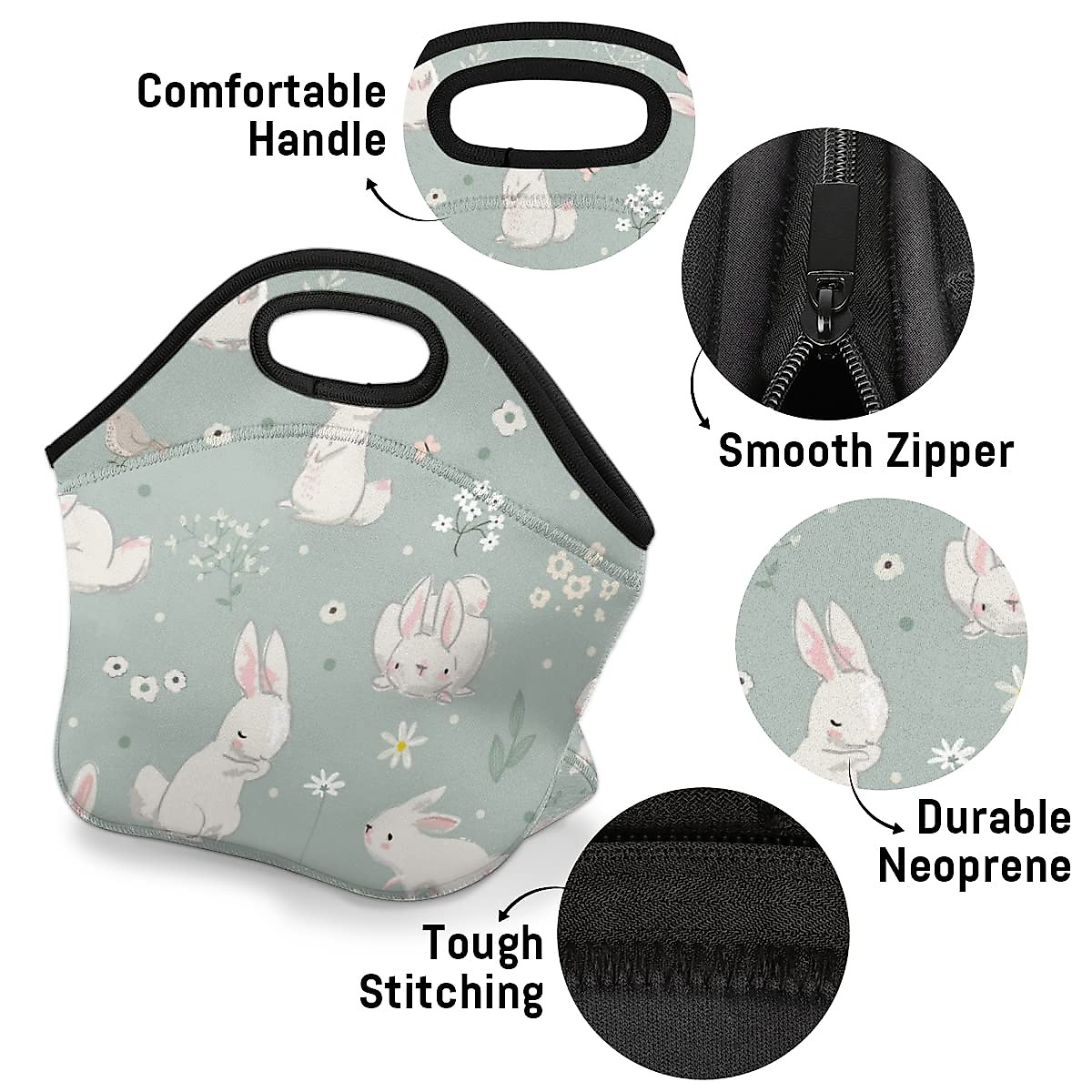 Insulated Neoprene Lunch Bag for Women Men Kids Cute Rabbit Bunny Flower Lunch Box Reusable Small Lunch Tote Bag Cooler Bag for School Work Picnic