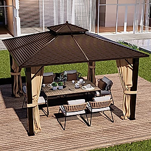 GAZEBEST 12' X 12' Permanent Hardtop Gazebo, Outdoor Galvanized Steel Double Roof Pavilion Pergola Canopy with Aluminum Frame Nettings and Curtains for Garden, Patio, Backyard, Deck and Lawns.