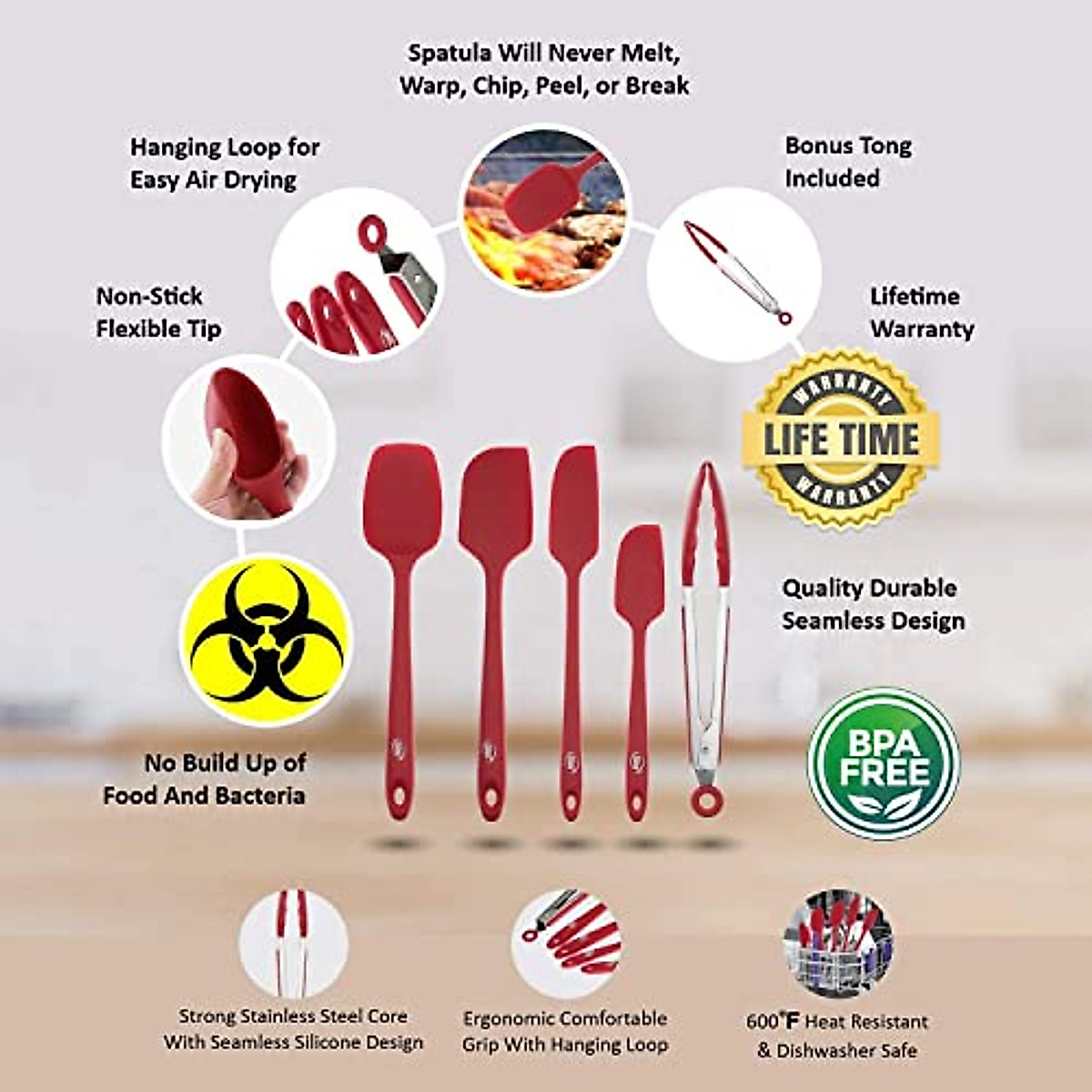 Kaluns Silicone Spatula Set 5 Pcs Rubber Spatulas Silicone Heat Resistant 600°F, Spatulas for Nonstick Cookware, Seamless Design with Stainless Steel Core, Dishwasher Safe, Bonus Tongs Included