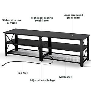 Clikuutory Modern Black 63 inch Metal TV Stand with LED Lights and Power Outlets for 40 50 55 60 65 70 Inch TVs, 3 Tier Television Stands with Entertainment Center and Storage for Living Room, Bedroom