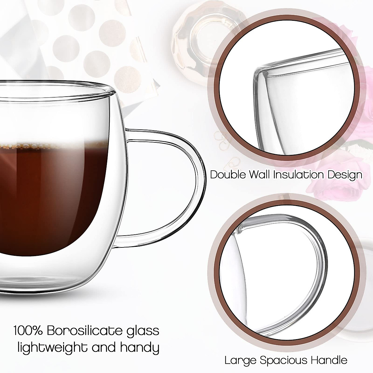 Gerrii Double Wall Insulated Coffee Mugs with Handle Glass Tea Cups Glasses Espresso Mugs Clear Glass Coffee Cups Latte Cappuccino Beer Glasses Mug (15 Pcs, 2.5 oz)