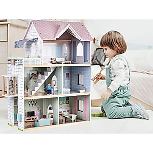Giant Bean Wooden Dollhouse 2.6 feet High with Elevator, Doorbell, Light,52 Pieces Furnitures and 8 Dolls