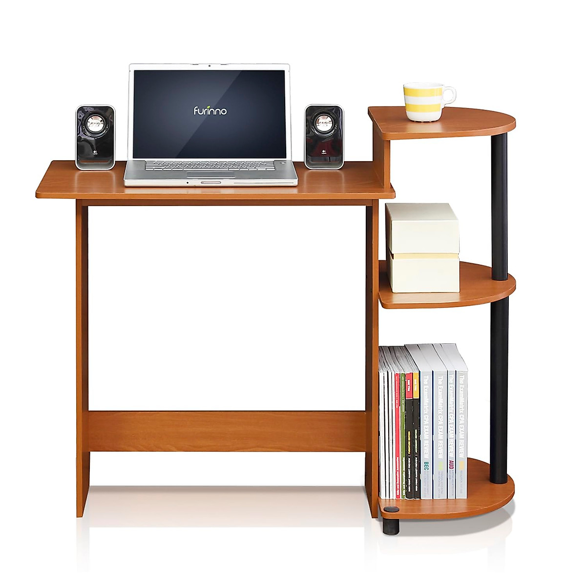 Furinno Compact Computer Desk with Shelves, Round Side, Light Cherry/Black