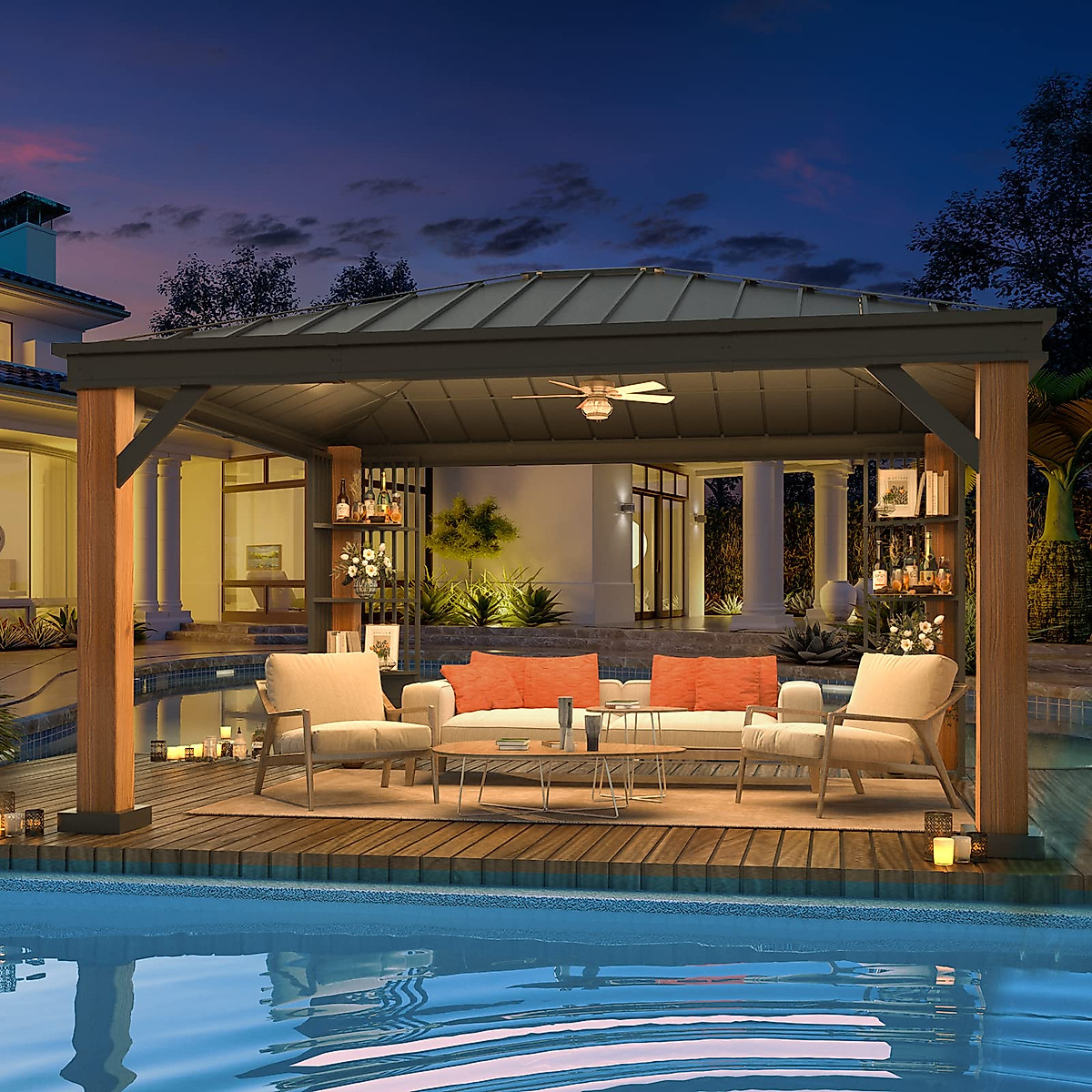 EROMMY 12'x14' Hardtop Gazebo, Galvanized Steel Top with Wood Grain Aluminum Frame, Permanent Metal Pavilion with Three-Layer Storage Shelves for Patio, Backyard, Deck and Lawns