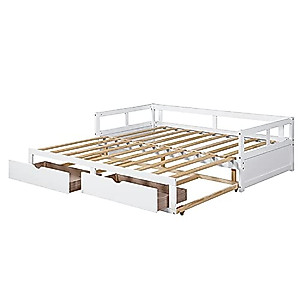 voqoomkl Twin Daybed Platform Bed with Trundle Bed and Two Storage Drawers, Extendable Daybed Twin to King, Wooden Sofa Bed Frame for Living Room, Guest Room, No Box Spring Needed, White