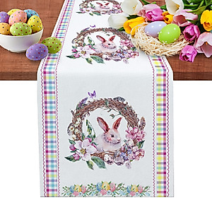 Spring Easter Table Runner 108 Inches Long, Watercolor Bunny Wreath Farmhouse Dress Scarves, Colorful Checkered Dining Tablerunner for Coffee Table/Kitchen Island/Party Décor, 13" x 108"