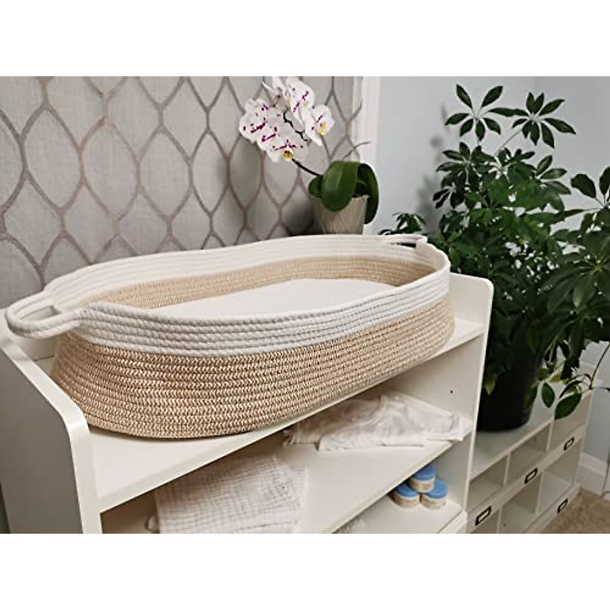 Lovely Nursery Baby Changing Basket Moses Basket 100% Cotton Rope and 1.2€ Thick Foam Pad with Removable Cover Change in Style and Comfort Beige/White Set