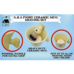 G.B.S Heavy Duty Ceramic Ivory Shaving Set - Mug with Knob Handle, Faux Ivory Handle Shaving Brush and Natural Shave Soap