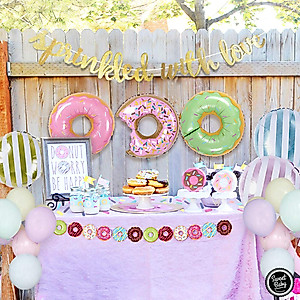 Sweet Baby Co. Donut Sprinkle Baby Shower Decorations Boy or Girl Party Supplies with Sprinkled With Love Gold Banner, Donuts and Candy Stripe Balloons, Backdrop, Garland, Lantern, Honeycomb Balls