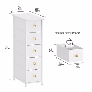 GiftGo Narrow Dresser Cabinet Vertical Slim Dresser Chest of Drawers Skinny Storage Tower for Small Spaces Gaps Closet Bedroom Bathroom Small Fabric Drawer Unit (White, 5 Drawers)