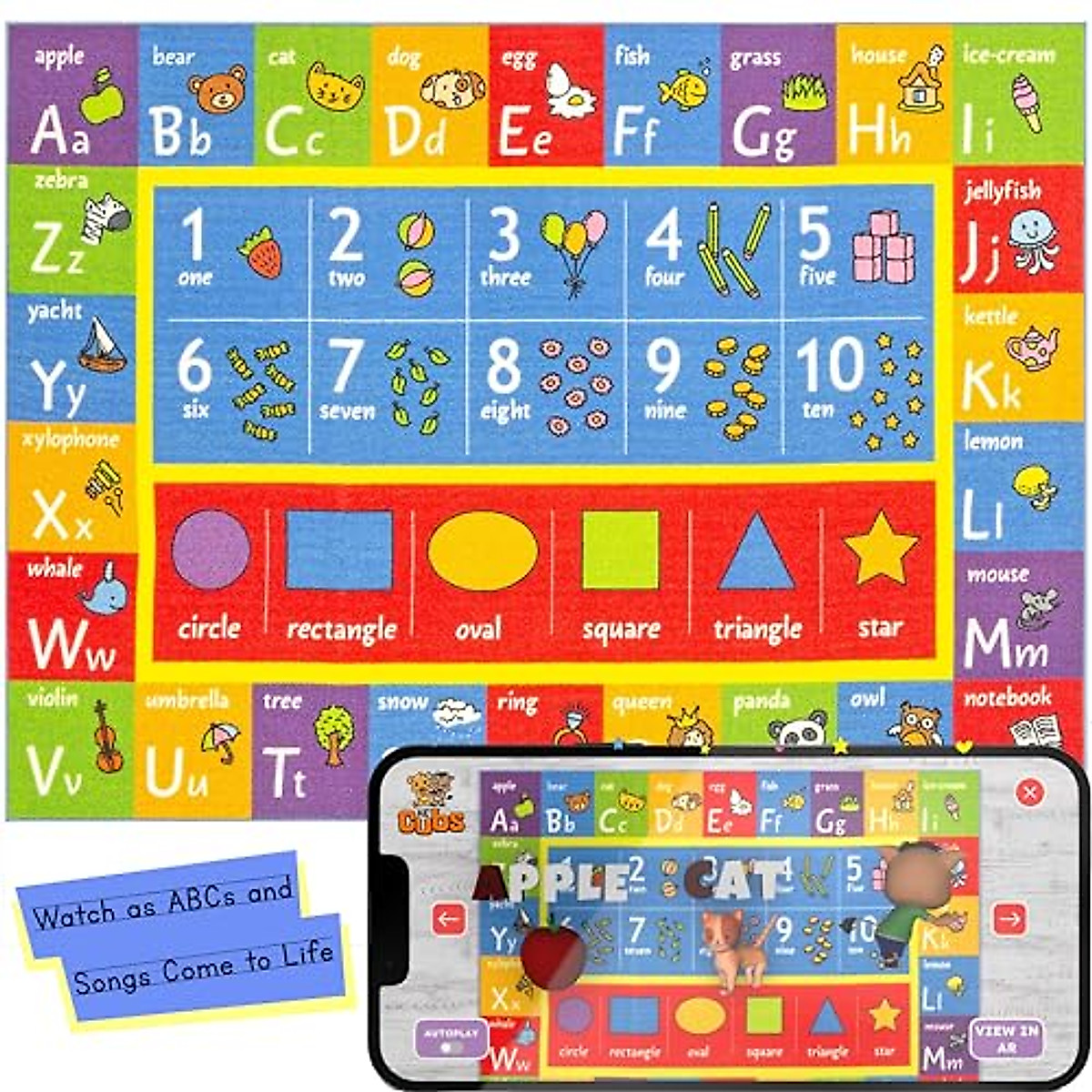 KC Cubs ABC Alphabet, Numbers & Shapes Educational Learning & Fun Game Play Area Rug for Kids Bedroom, Toddler Classroom and Baby Playroom