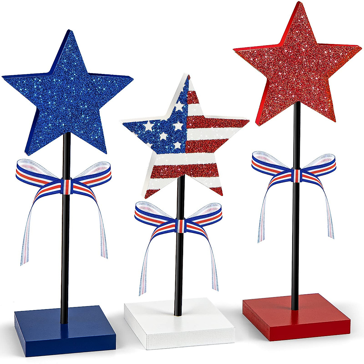 3 Pieces Labor Day Decorations Wood Star Set,Rustic Veterans Day Decorations,Red White and Blue Decorations for Home Tables, Patriotic Tiered Tray Decor(Star)