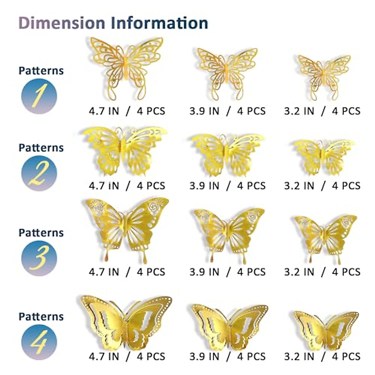 Butterfly Decorations - 48 Pcs, 4 Styles, 3D Wall Decor, Gold, Baby Shower, Flower Arrangements