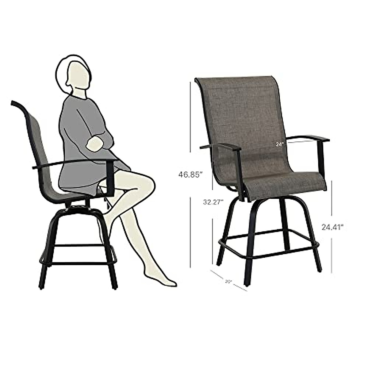 Grand patio Counter Height Outdoor Swivel Bar Stools Set of 2, All-Weather Steel Frame Patio Bar Chairs with Arms Backs for Porch Balcony, Poolside, Deck (Coffee, 2PC)