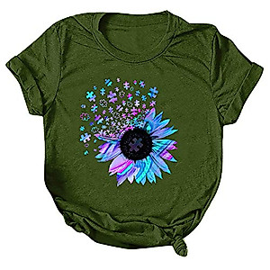 Women Blouse Funny Shirts for Women, Women's Sunflower Printing Casual Top Short Sleeve T Shirt Round Neck Plus Size Tshirts Blusas Casuales de Mujer Bonitas