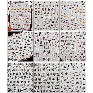 JMEOWIO 9 Sheets Halloween Nail Art Stickers Decals Self-Adhesive Pegatinas Uñas Skull Ghost Spider Web Bat Nail Supplies Nail Art Design Decoration Accessories