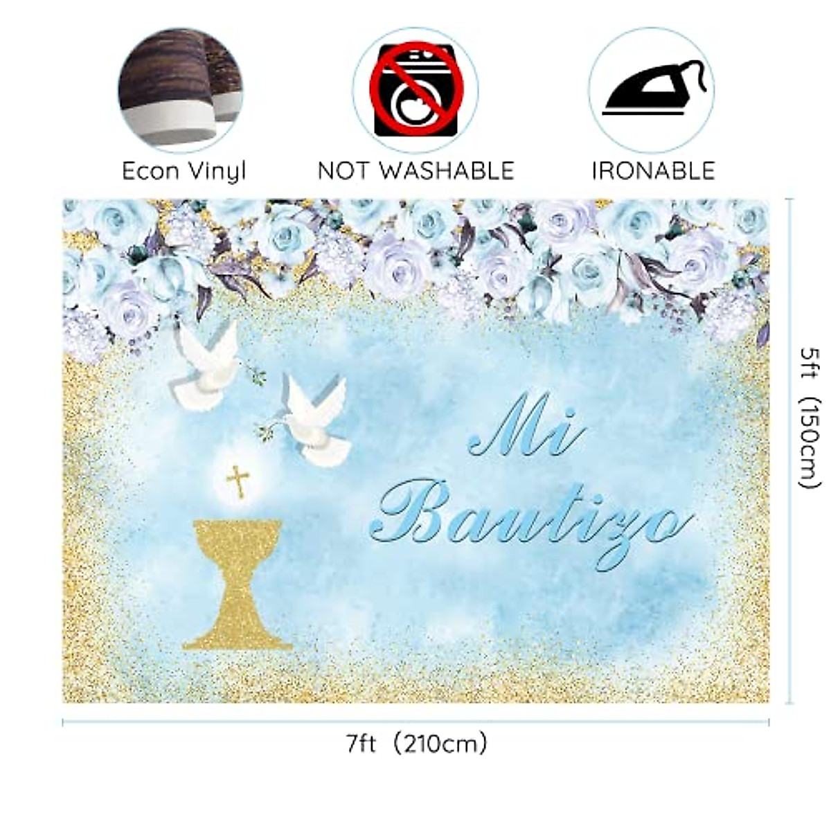 7x5ft Mi Bautizo Backdrop for Boy Baptism Gold Bless Background Blue Flower Golden Dots Photography Baby Shower Banner Party Decorations Floral Newborn Baby Shower Photo Booth Props