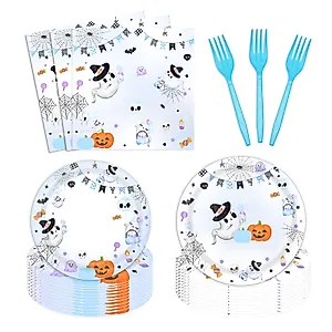 96Pcs Boy Halloween Baby Shower Party Supplies A Little Boo Birthday Tableware Set 9"& 7" Blue Ghost Spooktacular Paper Plates Napkins Forks Spoons for Halloween Party Decoration Serve 24 Guests