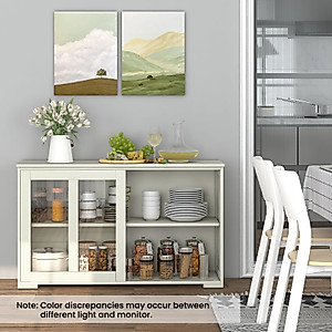 COSTWAY Buffet Sideboard with Storage, 2-Door Floor Cupboard with Sliding Tempered Glass Cabinet & Adjustable Shelf, Stackable Storage Cabinet for Kitchen, Entryway (Cream White)