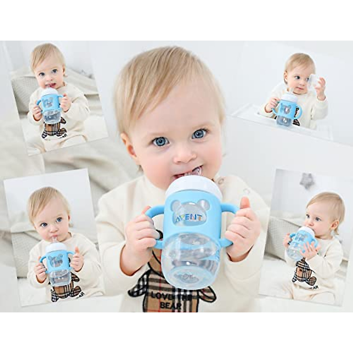 Baby Bottle Handles, Durable Food Grade Silicone Transitional Sippy Cup Handle Grip for Wide-Neck Baby Bottles, Cute Bear Design, Pack of 2, Blue & Turquoise