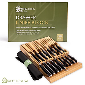 Drawer Knife Organizer - Bamboo Knife Block Insert - Holds 16 Knives + 1 Knife Sharpener (Knives Not Included) - Reliably Store, Secure & Organize Your Kitchen Knives In Cabinet - Free Up Counterspace