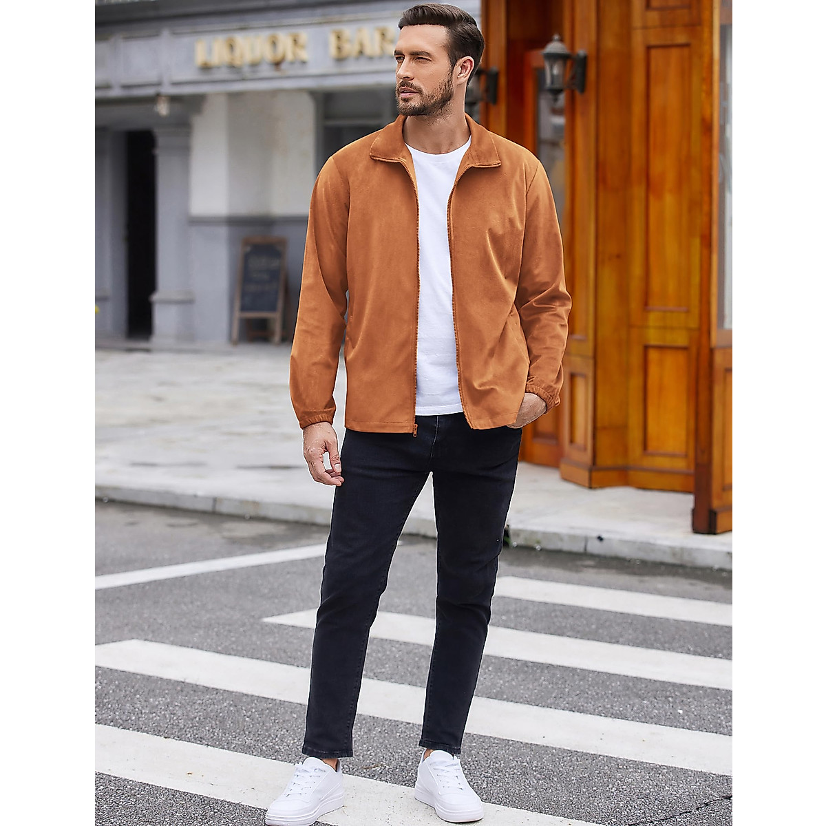 COOFANDY Zip Up Jacket Men Lightweight Microfleece Full Zip Jacket Sweatshirt Winter Light Brown, Medium